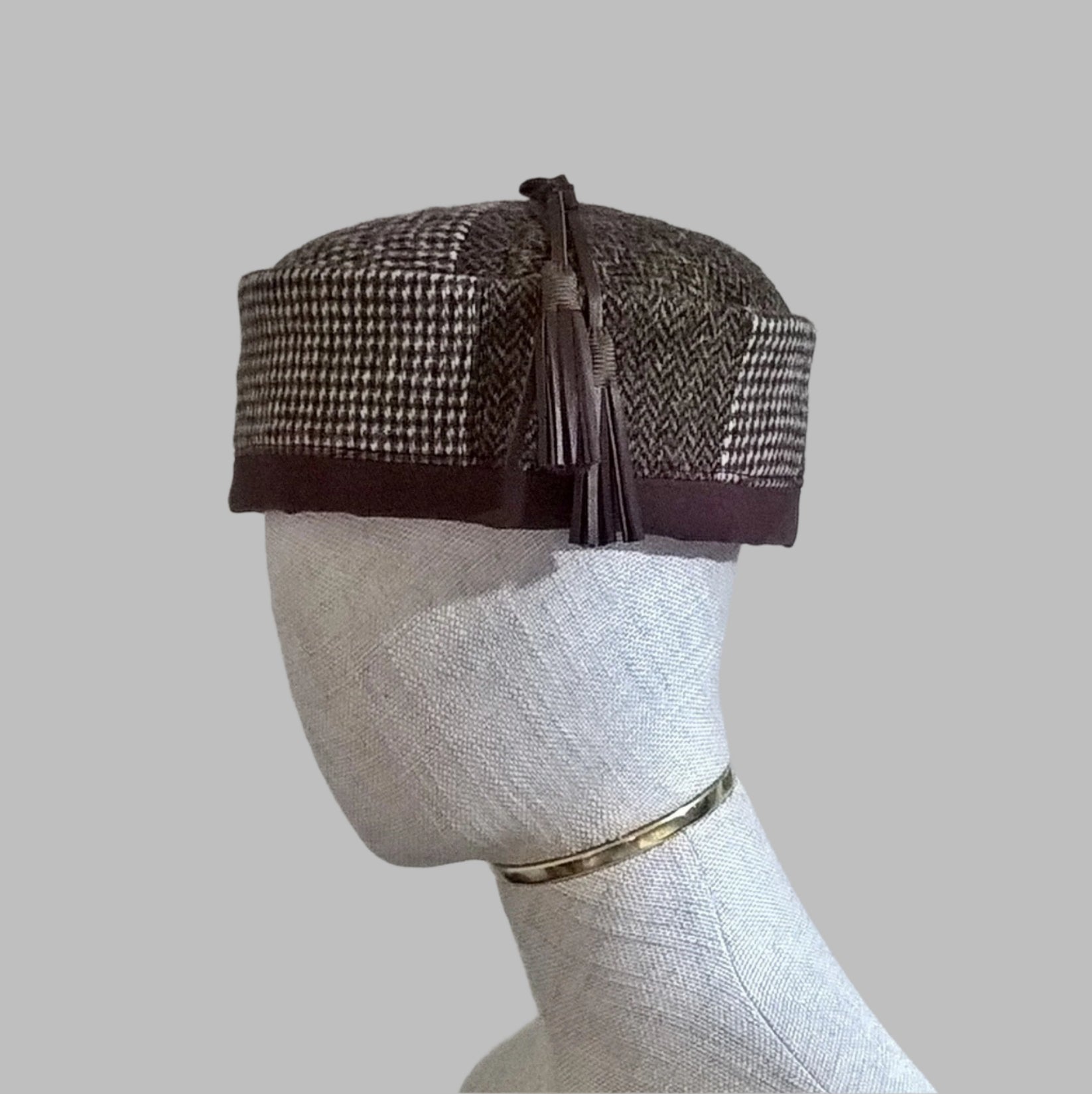 Pure Wool Smoking Cap - Harris Tweed with Leather Tassel - Handmade UK ...