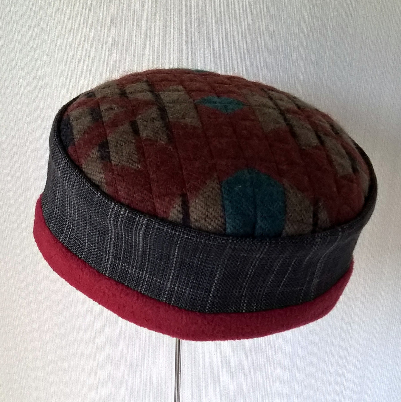 Aztec pillbox hat - mans fleece lined winter skullcap - Handmade in UK ...