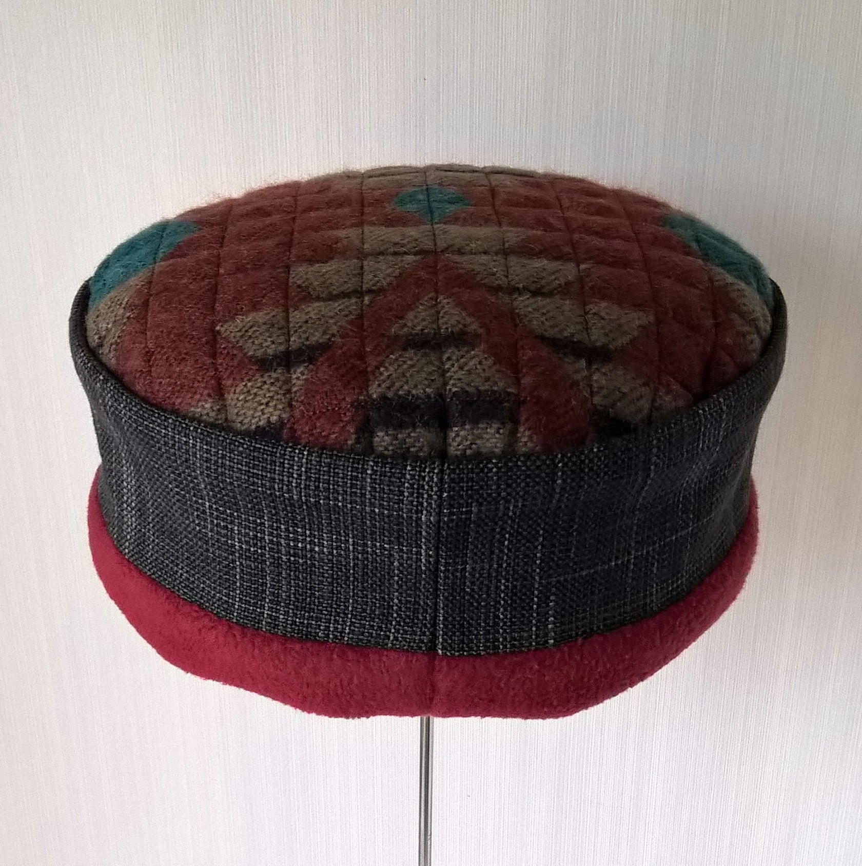 Aztec pillbox hat - mans fleece lined winter skullcap - Handmade in UK ...