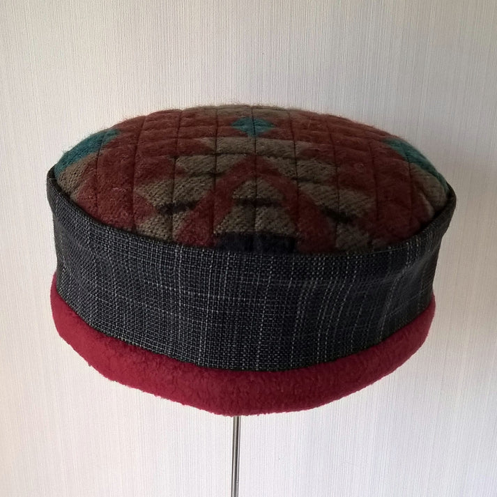 Aztec pillbox hat - mans fleece lined winter skullcap - Handmade in UK ...