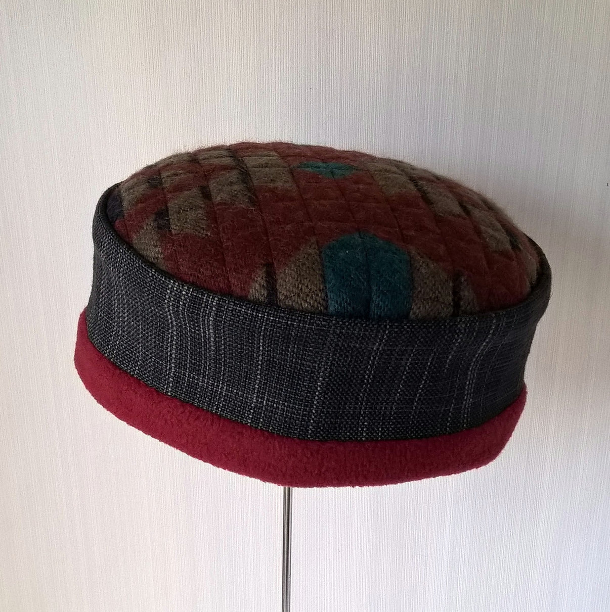 Aztec pillbox hat - mans fleece lined winter skullcap - Handmade in UK ...