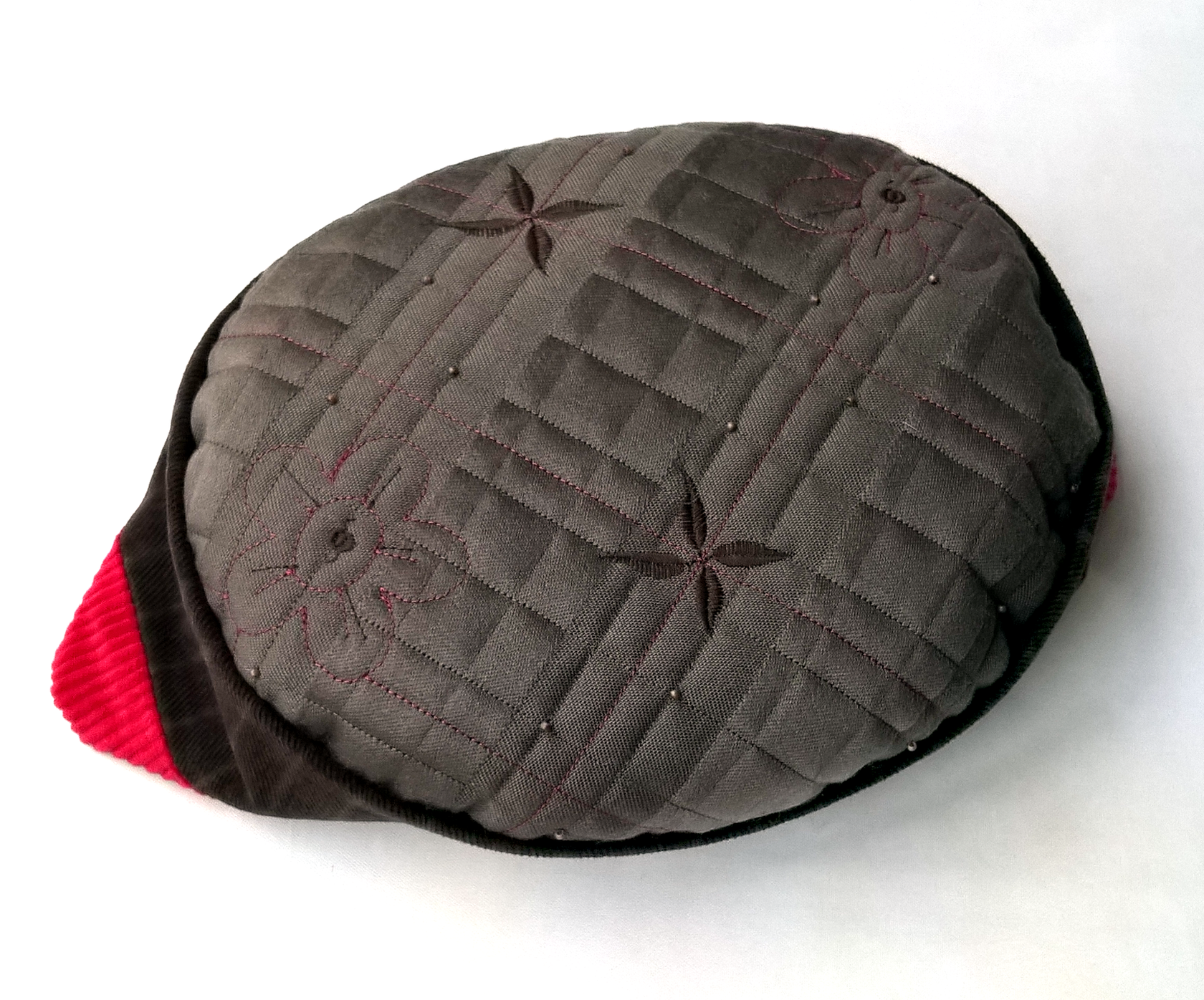 Brown & Red Embroidered Smoking Cap - Quilted and Beaded - Handmade UK ...