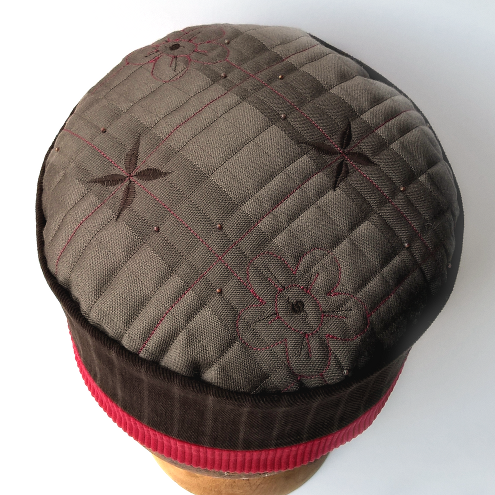 Brown & Red Embroidered Smoking Cap - Quilted and Beaded - Handmade UK ...