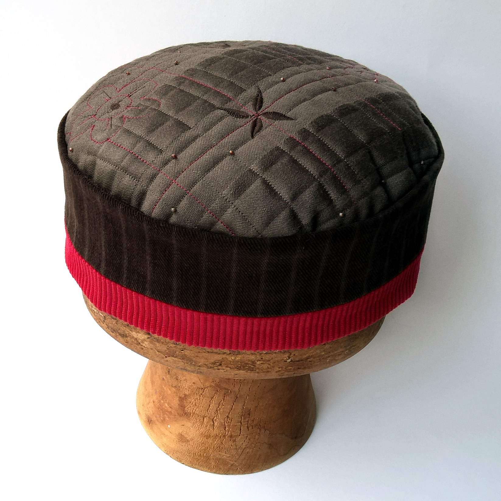 Brown & Red Embroidered Smoking Cap - Quilted and Beaded - Handmade UK ...