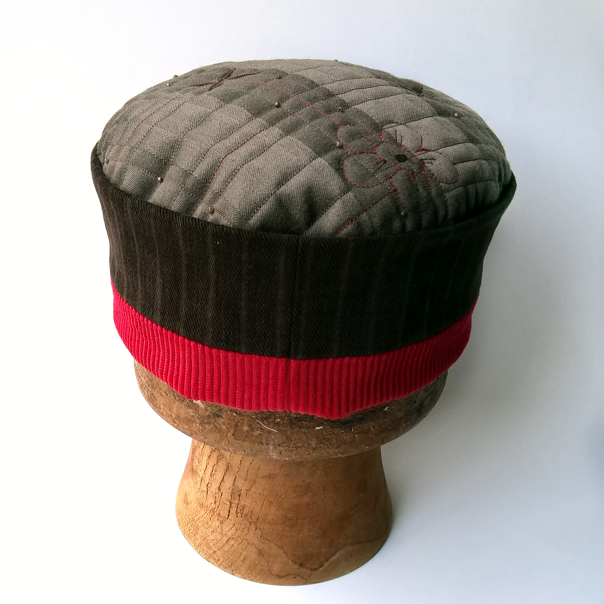 Brown & Red Embroidered Smoking Cap - Quilted and Beaded - Handmade UK ...
