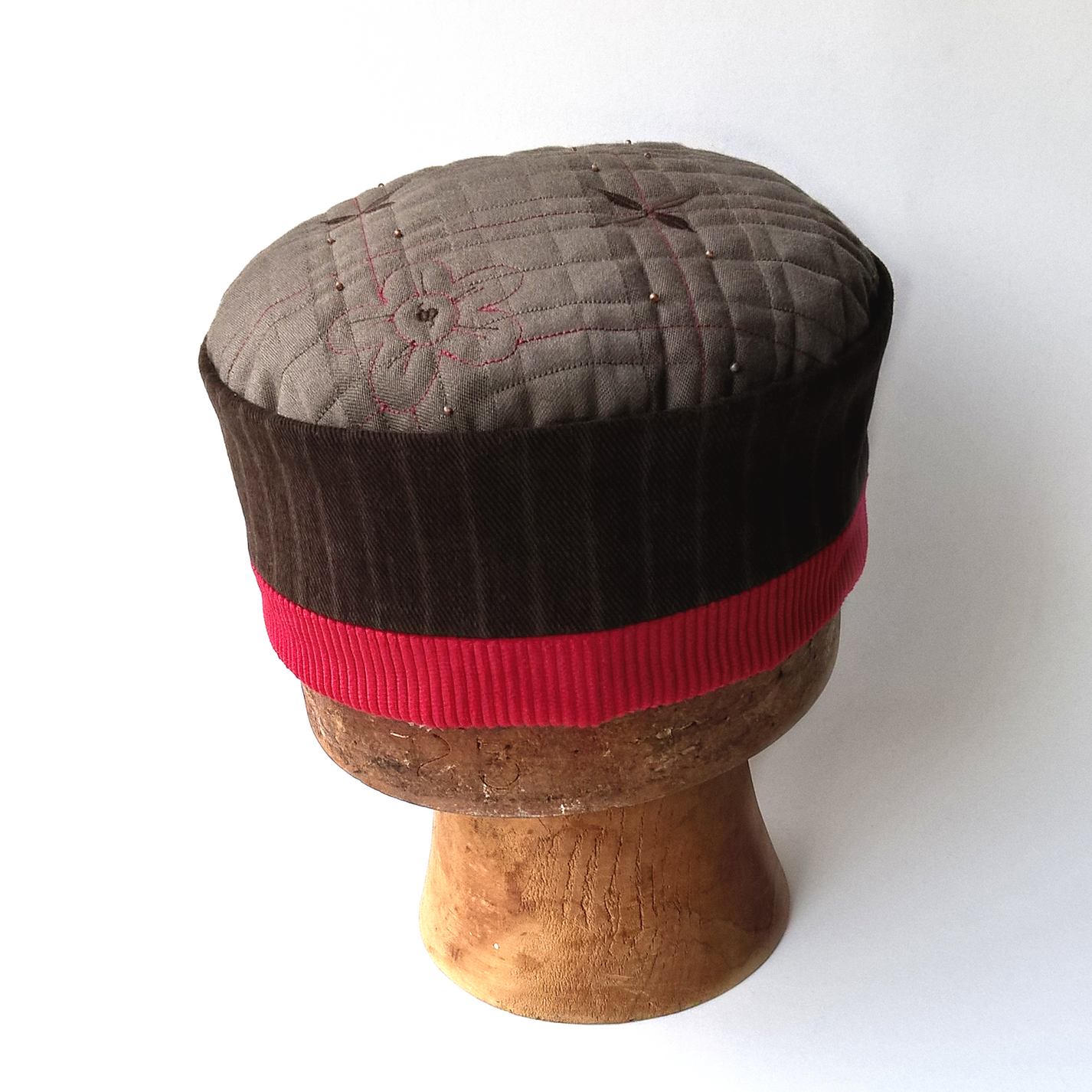 Brown & Red Embroidered Smoking Cap - Quilted and Beaded - Handmade UK ...