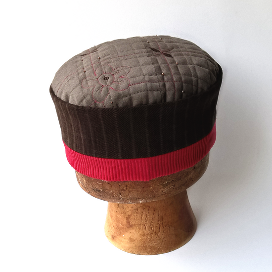 Brown & Red Embroidered Smoking Cap - Quilted and Beaded - Handmade UK ...