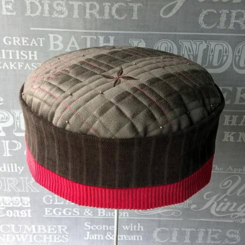 Brown & Red Embroidered Smoking Cap - Quilted and Beaded - Handmade UK ...
