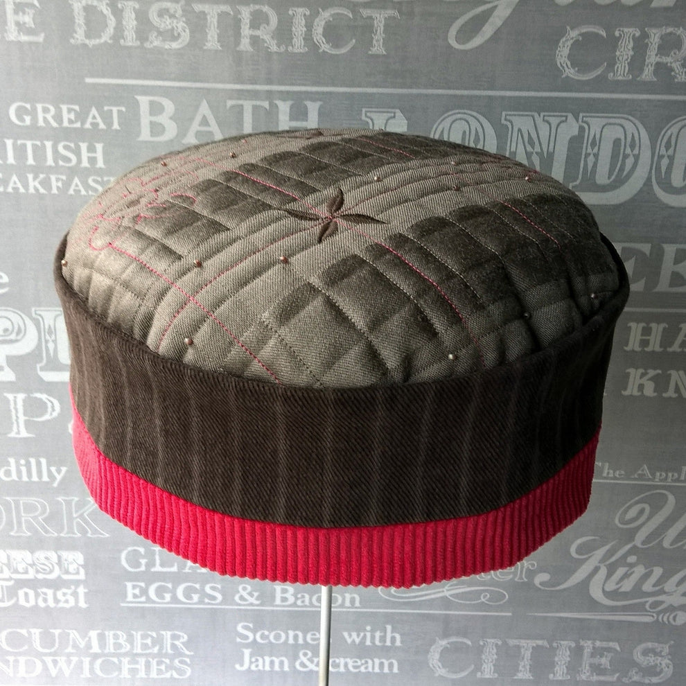 Brown & Red Embroidered Smoking Cap - Quilted and Beaded - Handmade UK ...